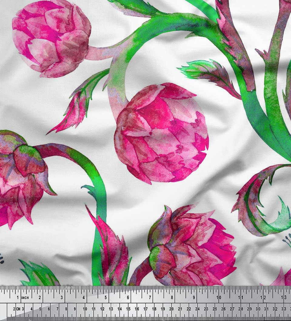 Soimoi Satin Silk Fabric Leaves & Lotus Flower Print Fabric by The Yard ...
