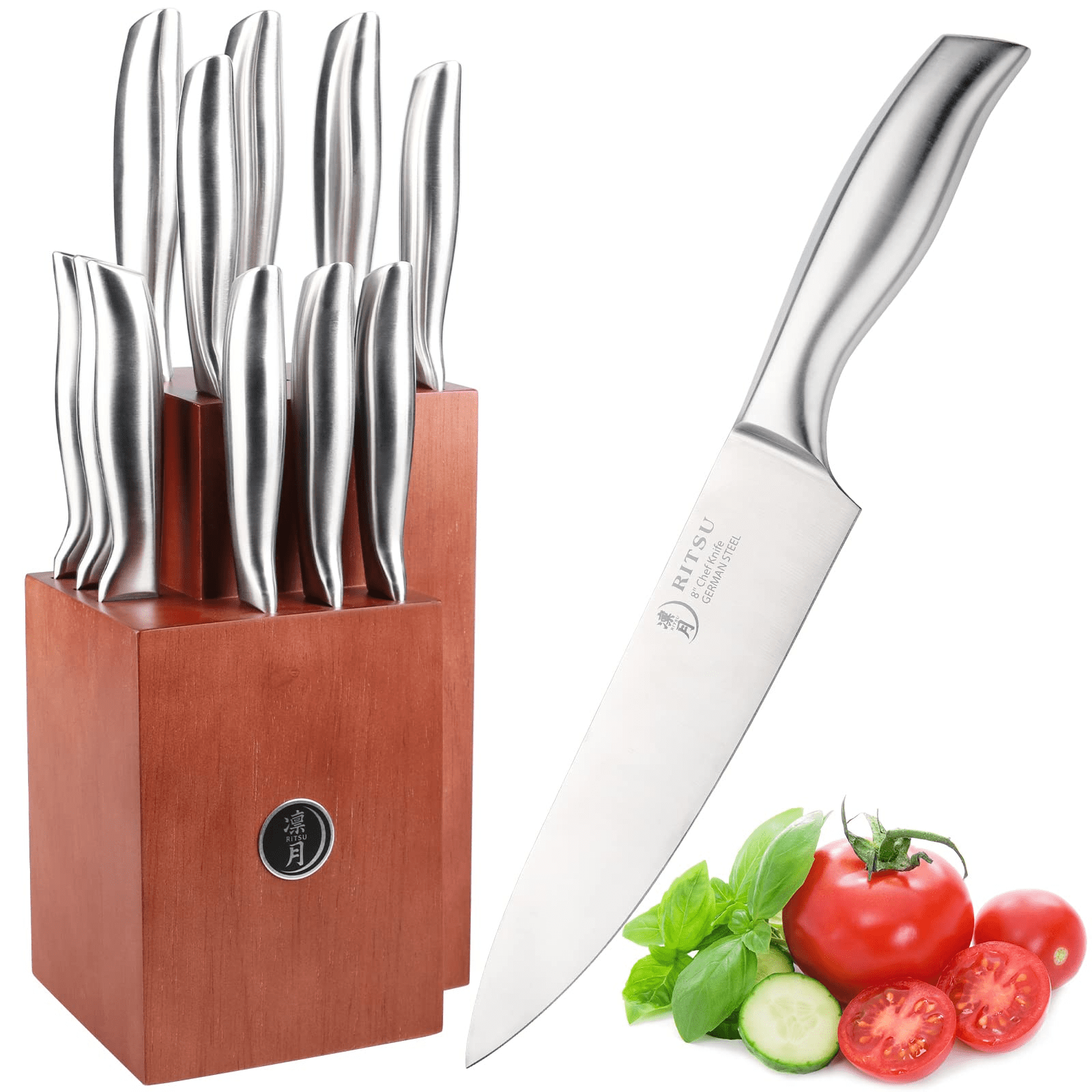 12 Pieces Kitchen Knife Set with Block, Ultra Sharp German Steel Knife ...