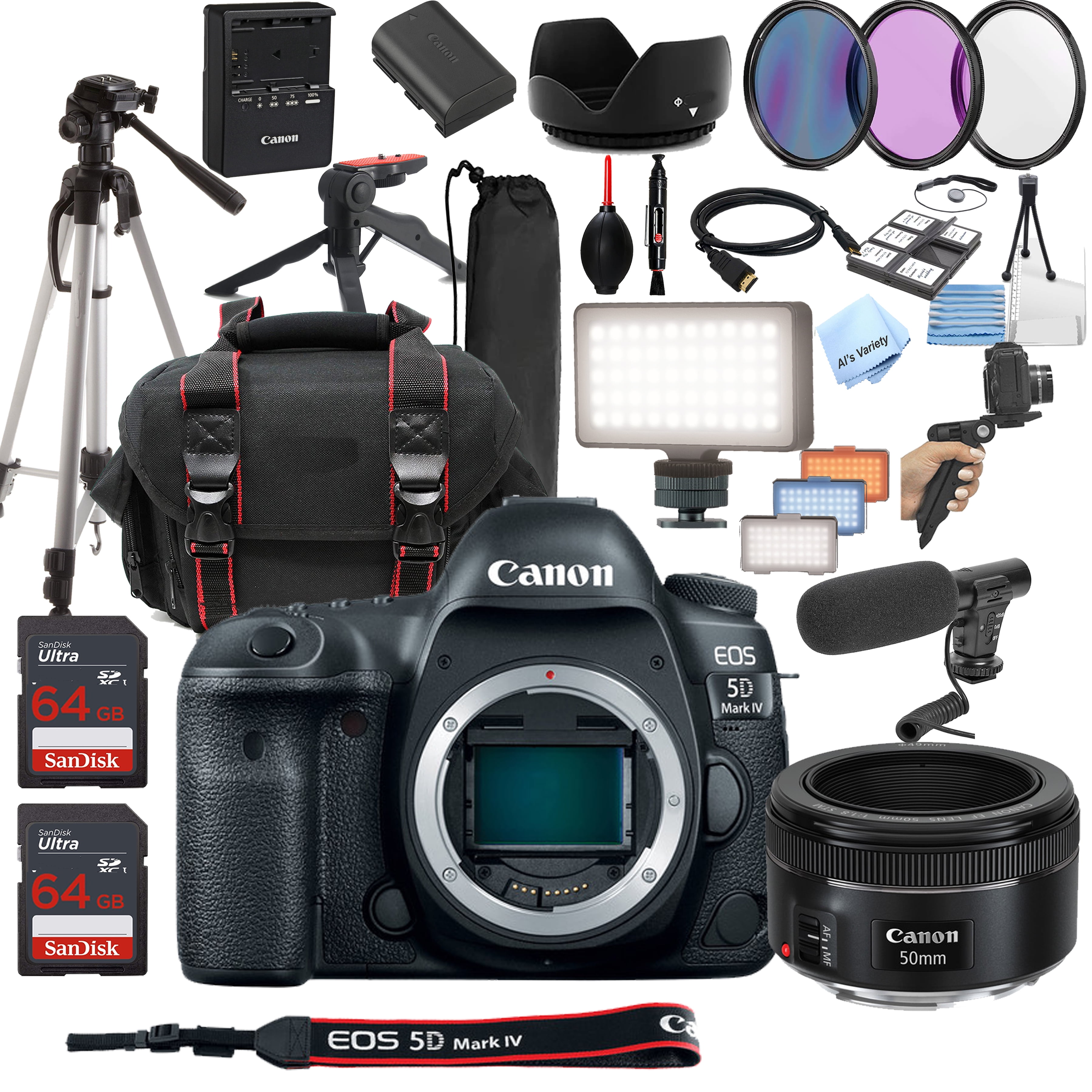 Canon EOS 5D Mark IV DSLR Camera w/ EF 50mm F/1.8 STM Prime Lens + LED ...