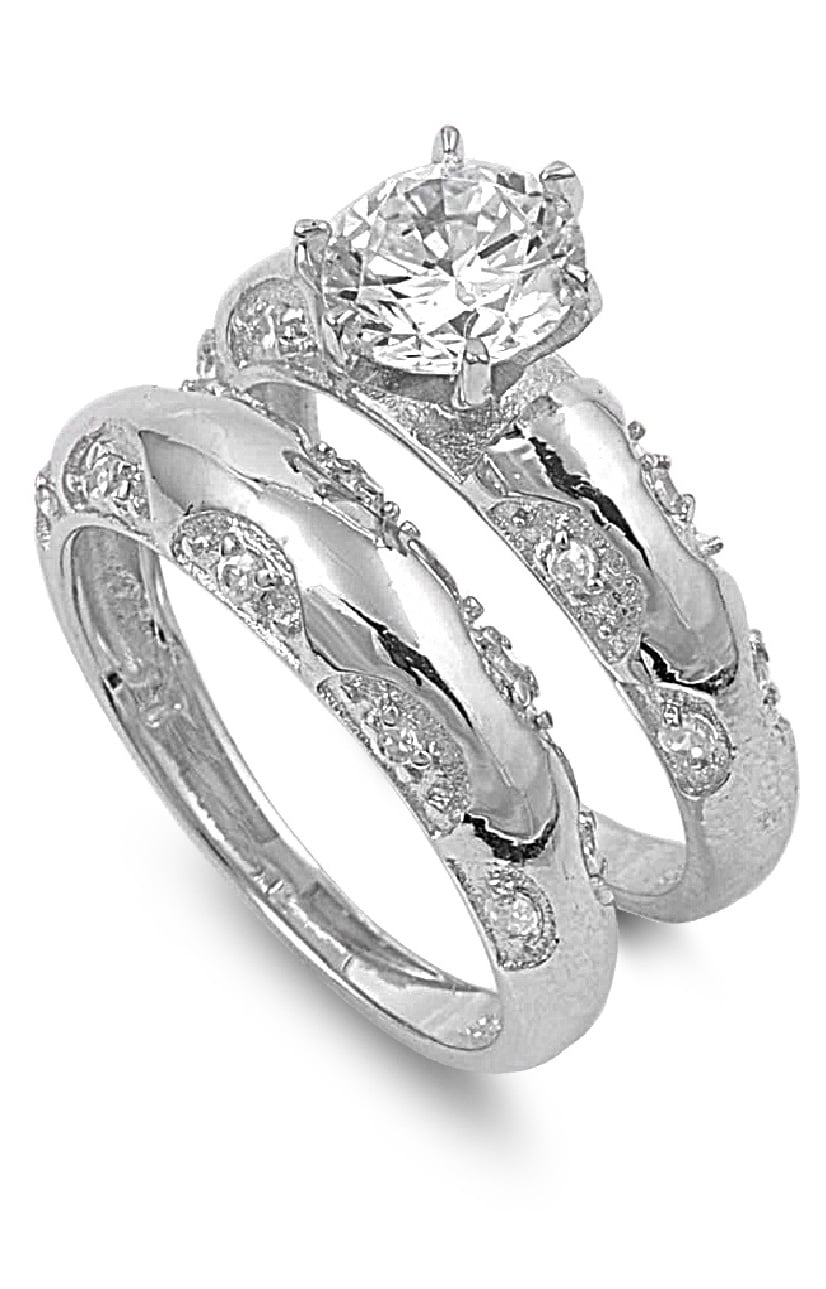 Round Center with Round Stones Cubic Zirconia Wedding Set Ring Sterling ...