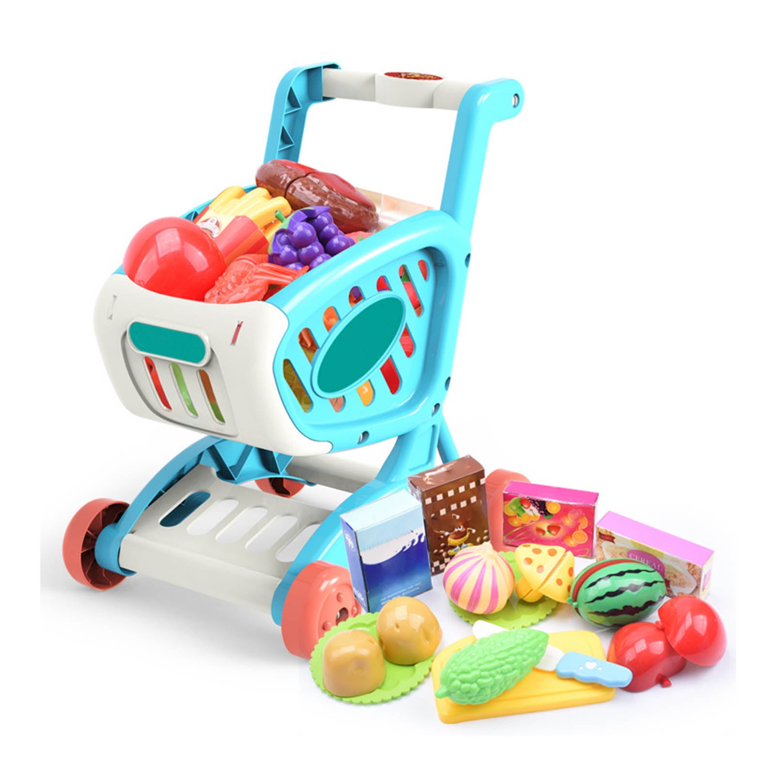 Ccdes Kids Shopping Trolley Set Educational Food Items Safe Kids Grocery Cart Play Set Early Learning For Home Blue