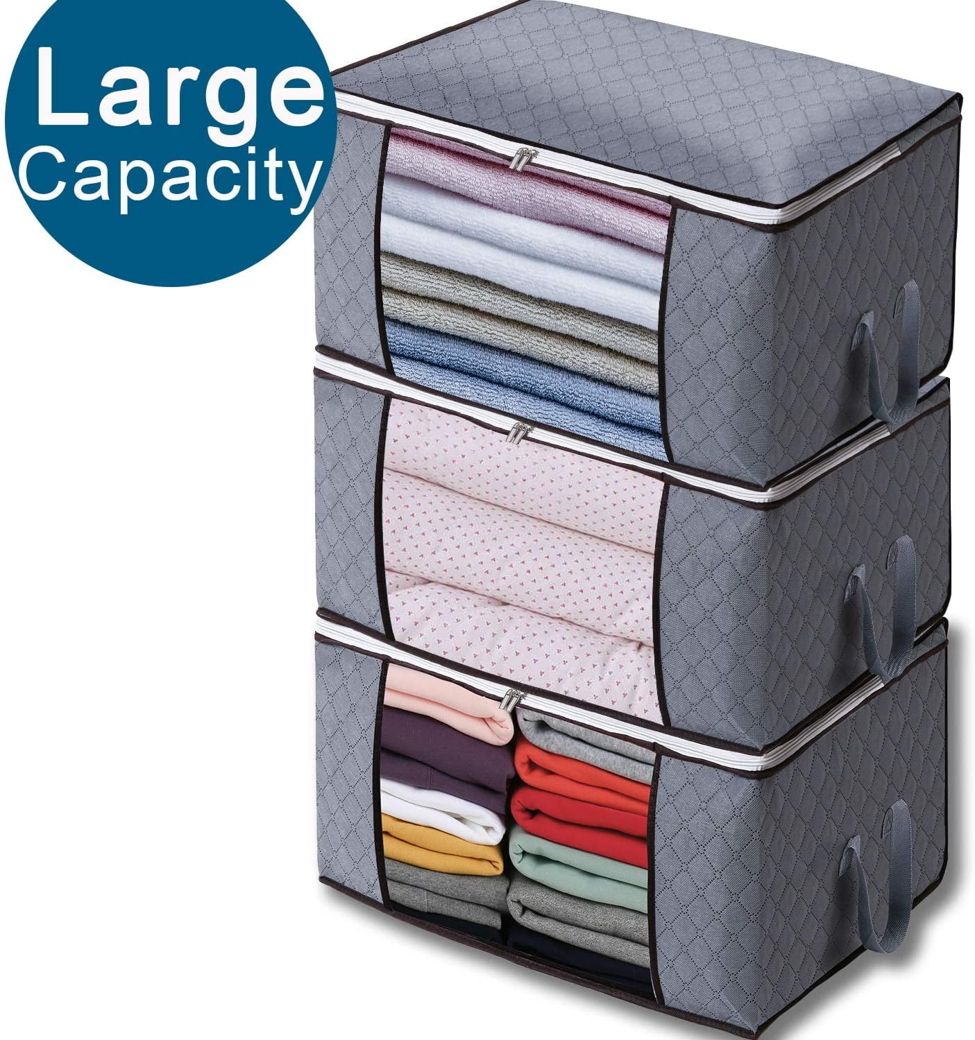 3 pcs Large Capacity Clothes Storage Bag Organizer with Handle, Thick ...