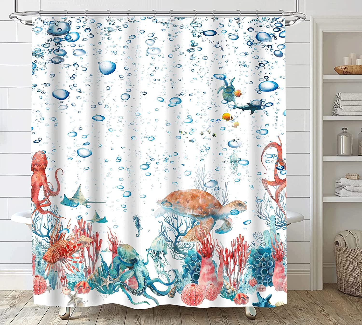 Nautical Coastal Fabric Shower Curtain,Octopus Coral Beach Bath Curtain ...