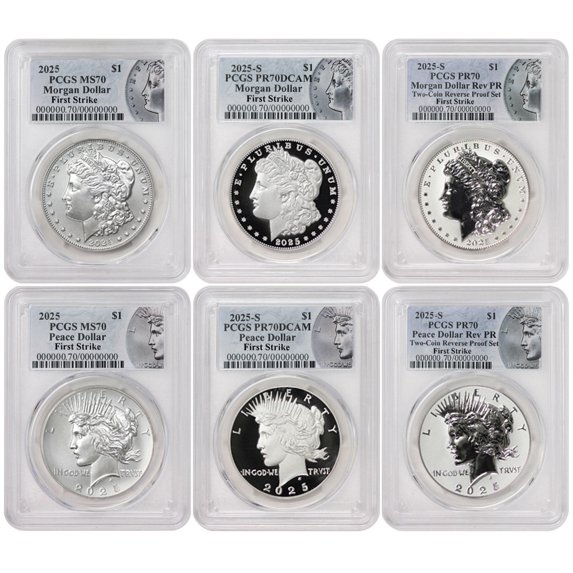 Set of 6 2025 $1 Silver Morgan & Peace PCGS MS70, PR70 Deep Cameo, Rev ...