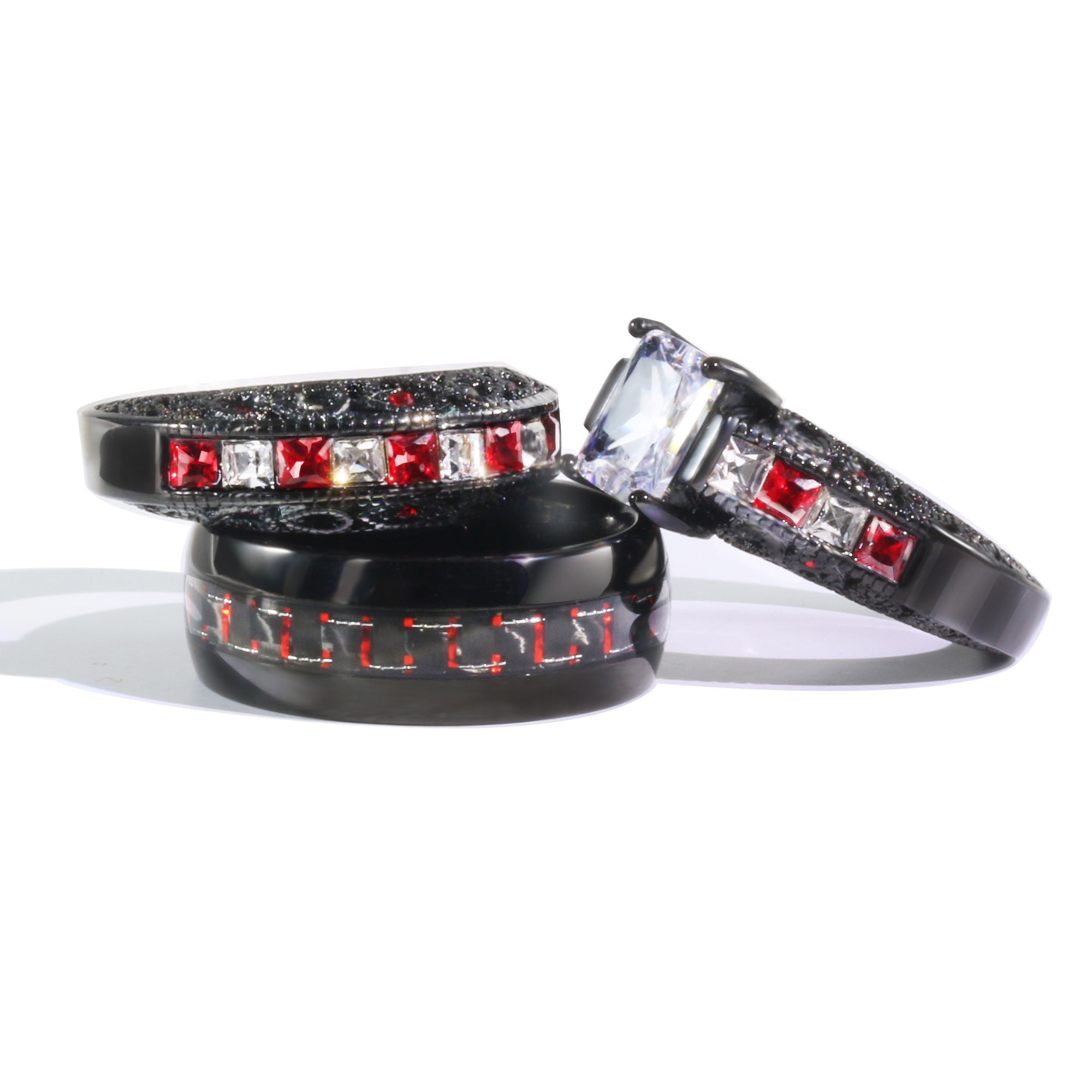 3pc His and Hers Wedding Ring Sets Couples Rings Black Gold Plated Red ...