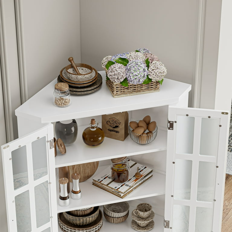 Home 67 Corner Cabinet with Doors Wood Corner Hutch with Glass Doors for Dining Room Kitchen Basement White