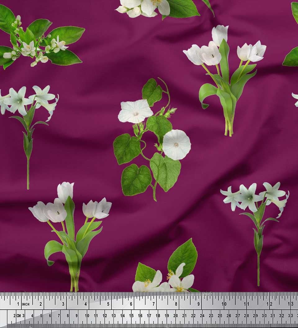 Soimoi Pink Cotton Duck Fabric Leaves & White Floral Fabric Prints by ...