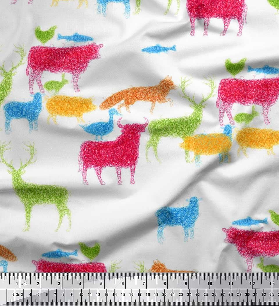 Soimoi Velvet Fabric Birds & Animals Hand Drawn Print Fabric by the ...