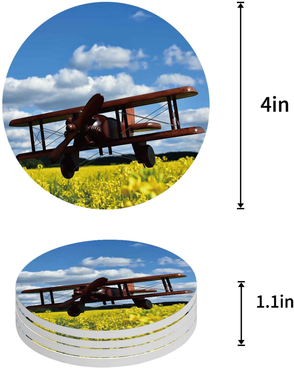ZHANZZK The Plane Flies over The Flower Field Set of 4 Round Coaster ...
