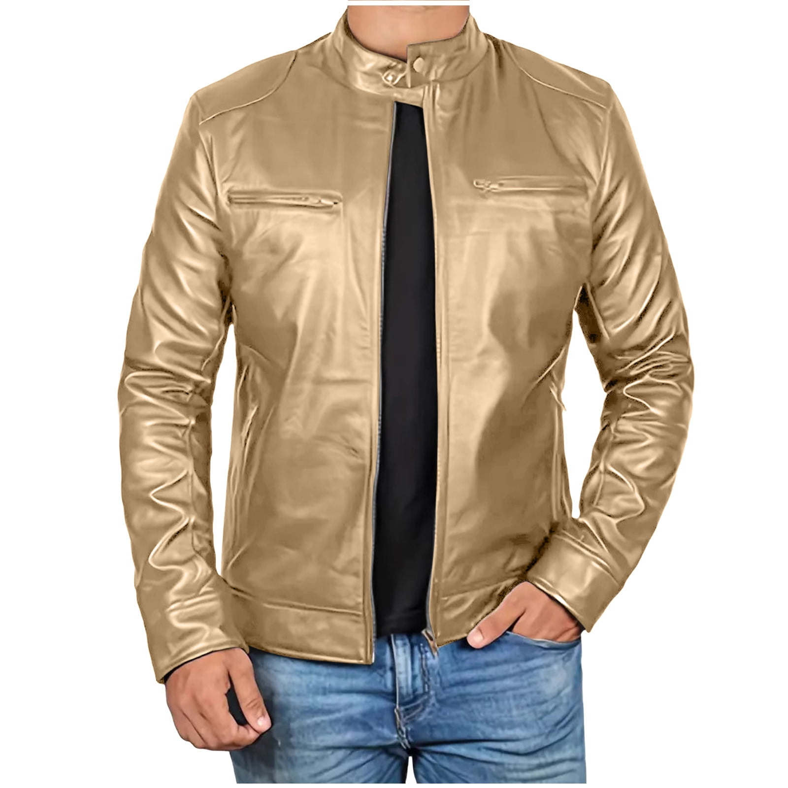 Leodye Mens Solid Color Retro Fashion Stand Collar Leather Jacket Motorcycle Lightweight Faux Leather Jacket Gold M(M) M(M)