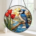 Blue Jay with Red Tulips Window Suncatcher, Stained Glass Style Bird ...