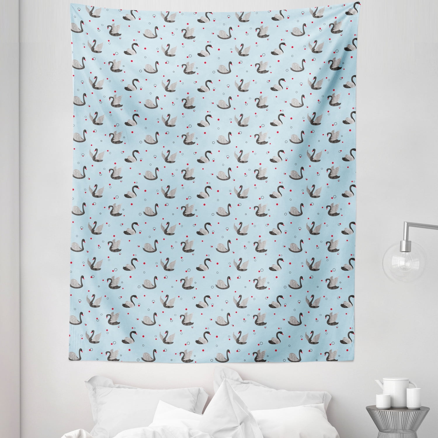 Swan Tapestry, Dark Color Swans on Pale Blue Backdrop with Little Black ...