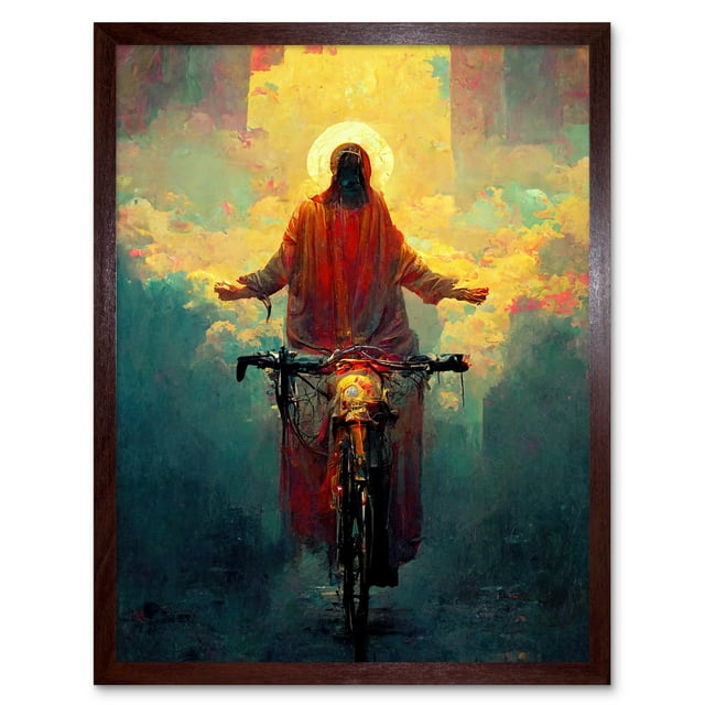 Jesus Christ On A Bike With A Bright Cloud Cross Art Print Framed Poster Wall Decor 12x16 inch ...