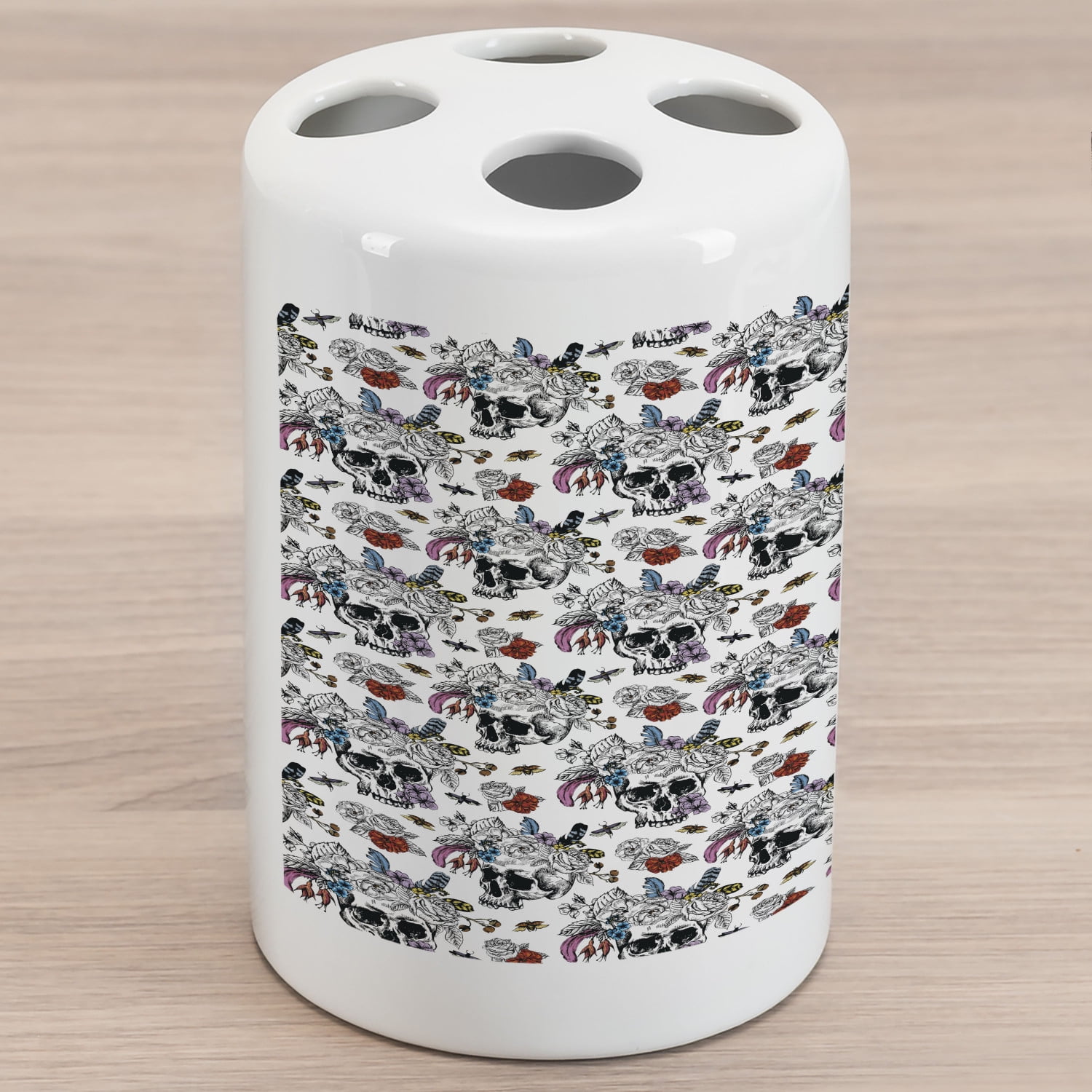 Day of the Dead Ceramic Toothbrush Holder, Sugar Skull Flowers Pattern ...