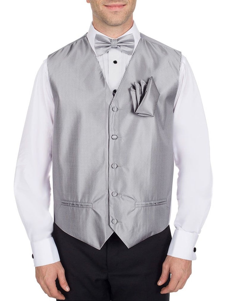 Men's Solid Fomal Vest, Bow Tie, & Hanky Silver for Tuxedo and Suit ...