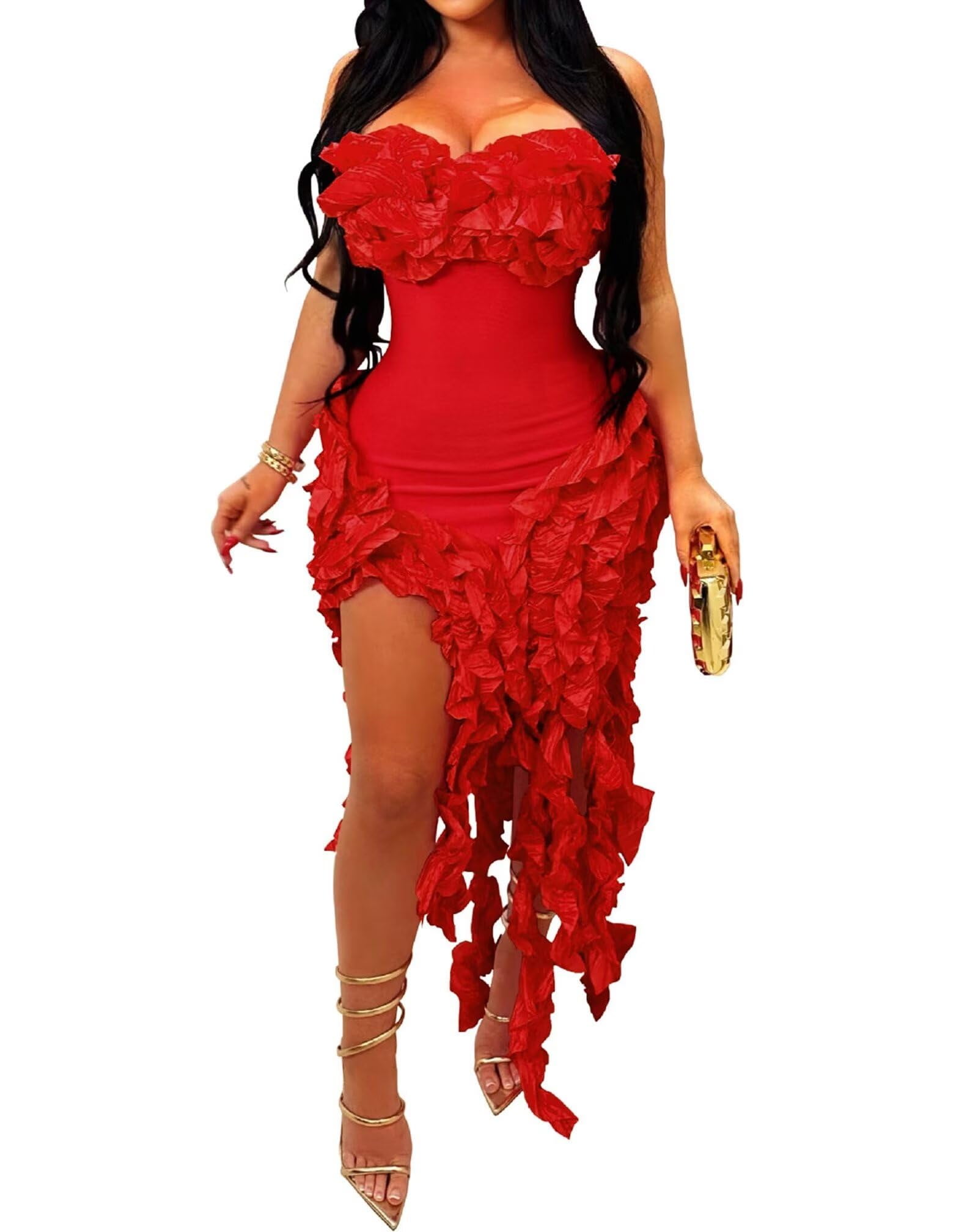 Vestido tipo bandolera con volantes rojos IyMoo, ajustado a la boda ...