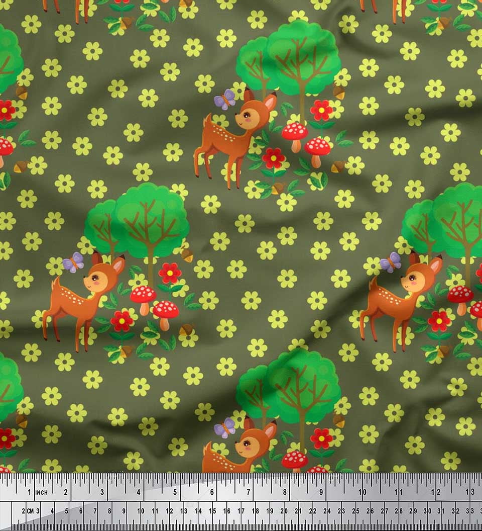 Soimoi Satin Silk Fabric Floral,Tree & Deer Kids Print Fabric by The ...