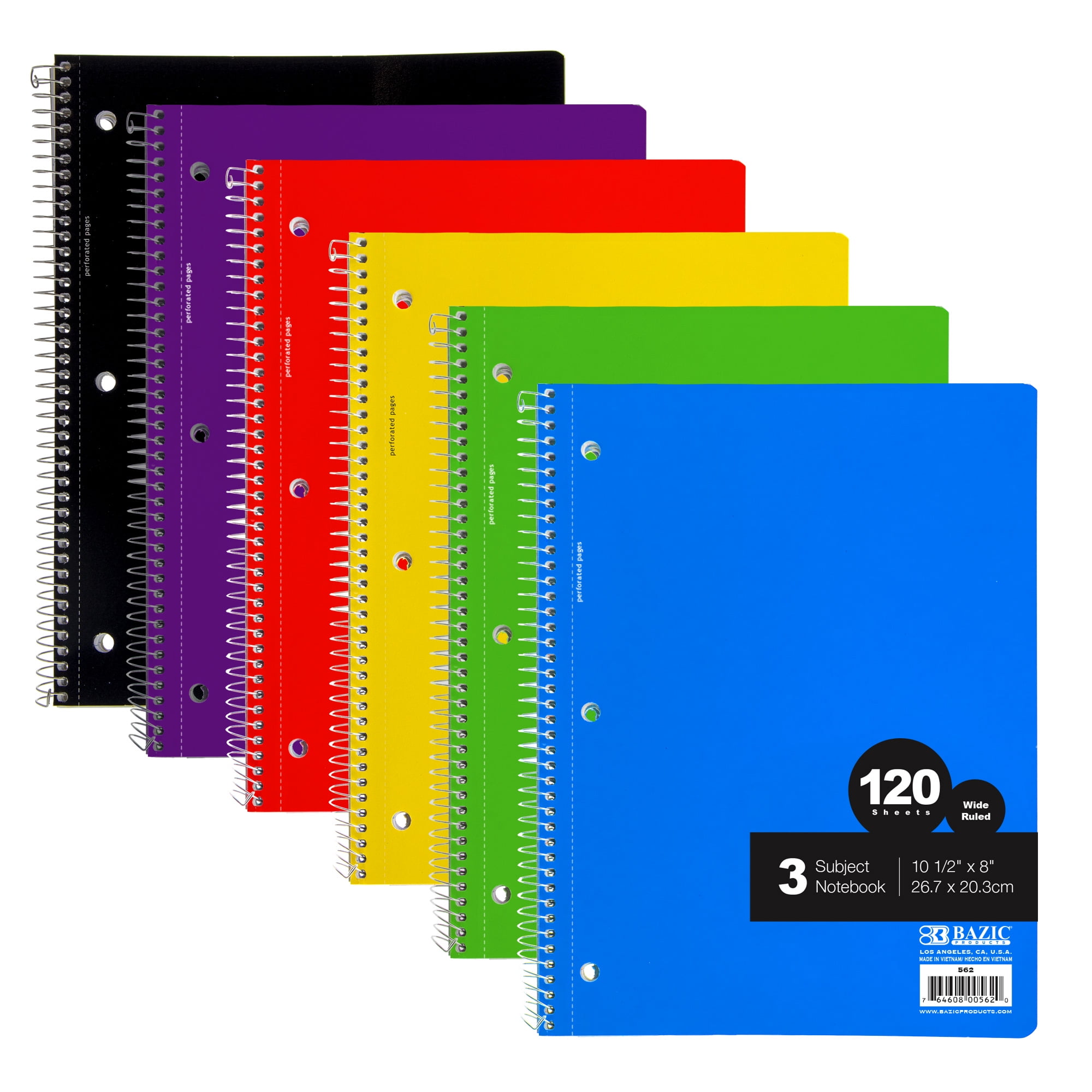 BAZIC Wide Ruled 3 Subject Spiral Notebooks 120 Sheets, Assorted Color ...