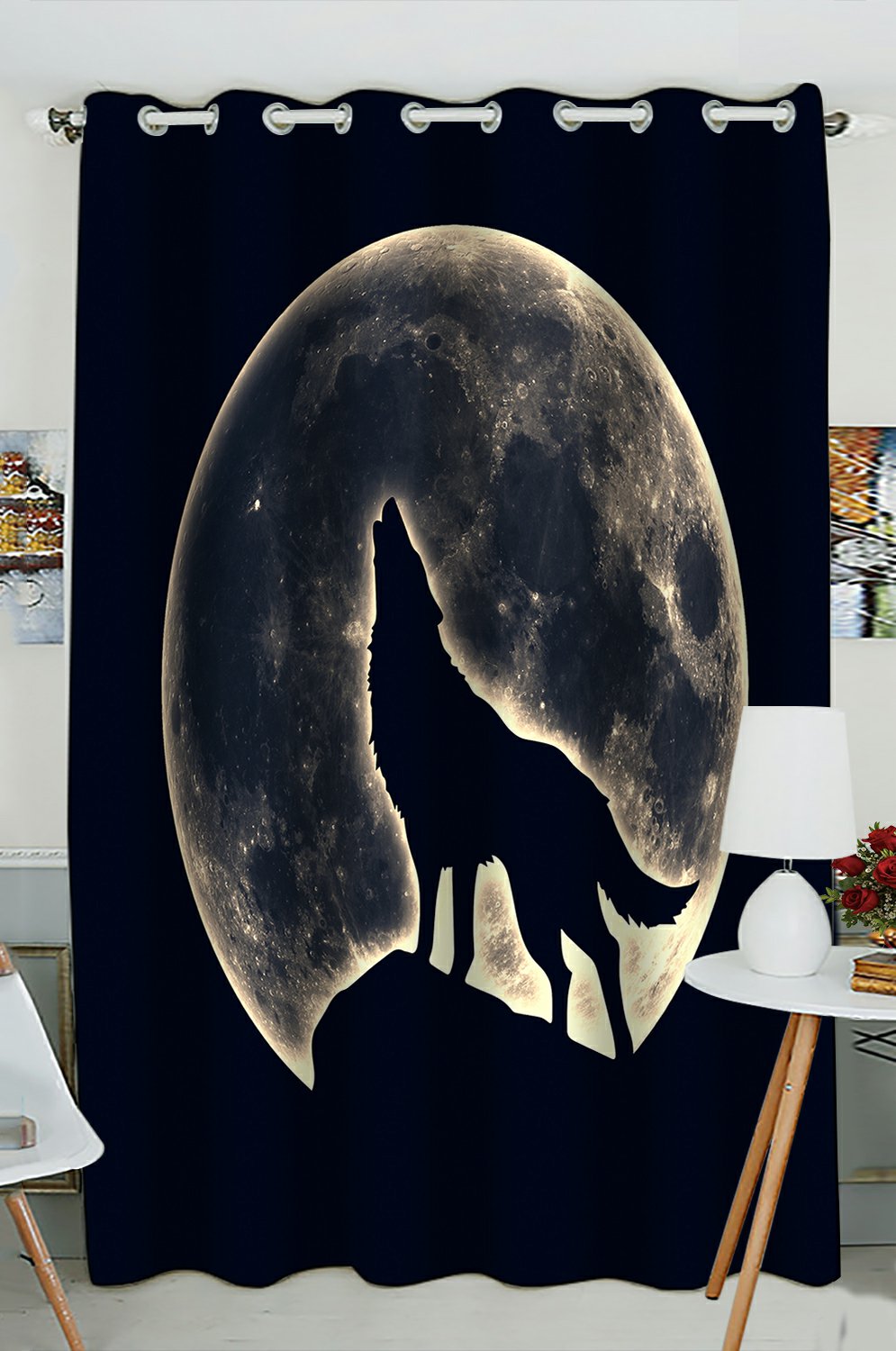 Phfzk Night Sky Window Curtain, Wolf Howling Full Moon Window Curtain ...