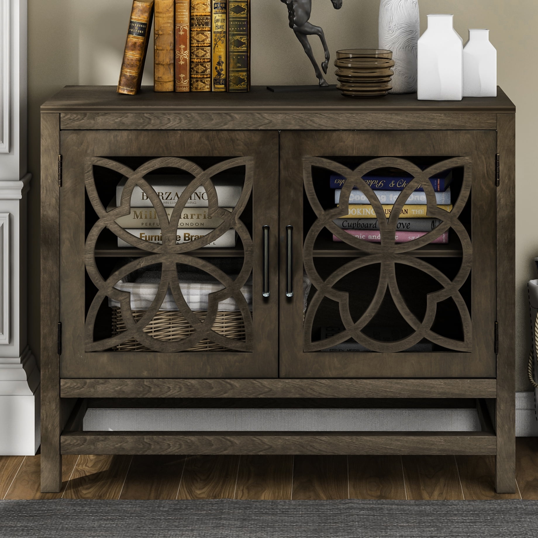 Entryway Storage Cabinet, Solid Wood Console Table with 2 Glass Doors ...