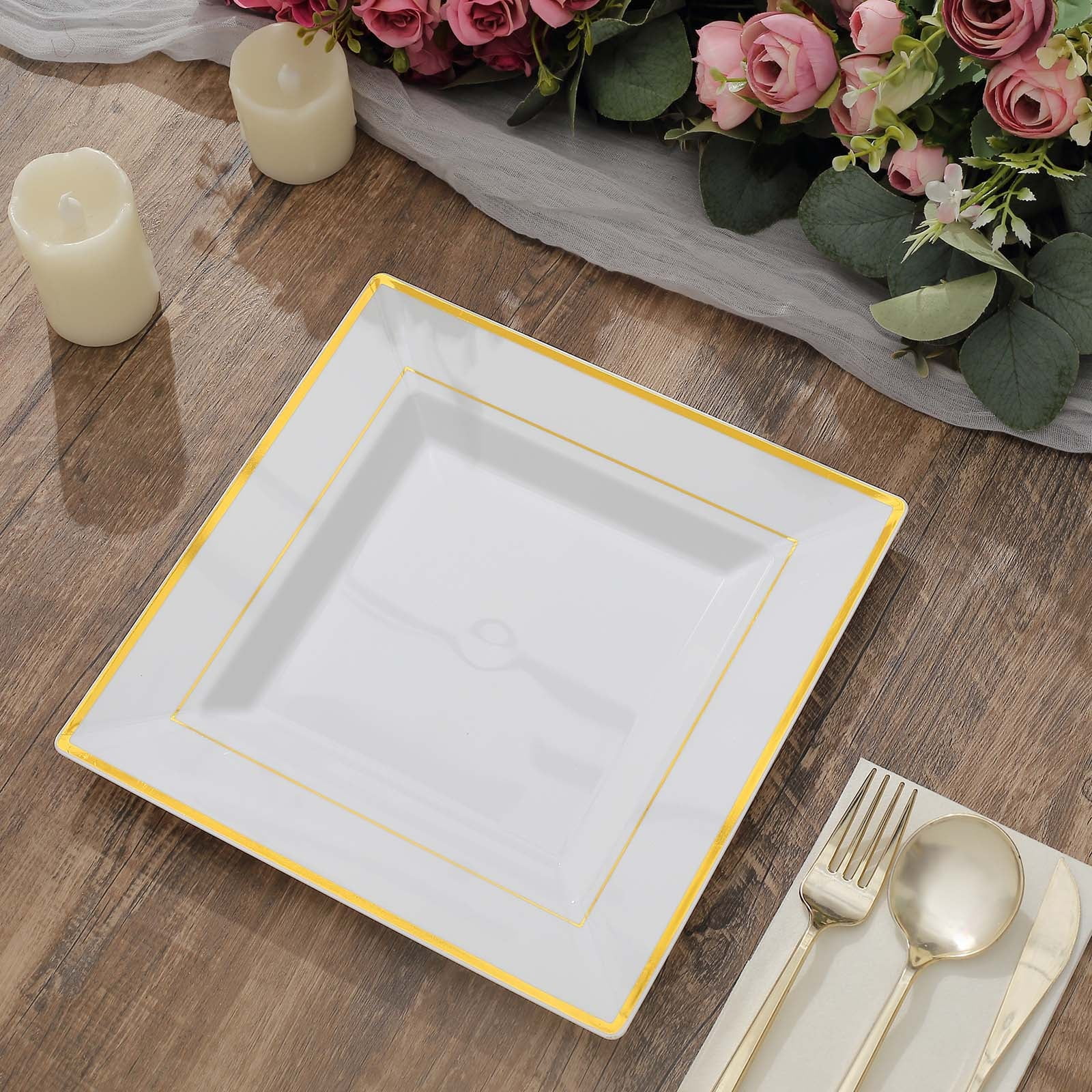 Efavormart 20 Pack - 10" Gold Trim White Square Plastic Disposable ...