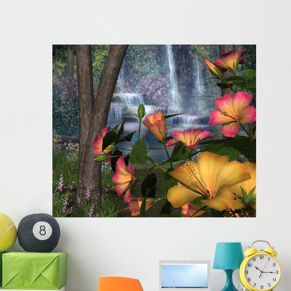 Hibiscus Flowers with Waterfalls Wall Mural by Wallmonkeys Peel and ...