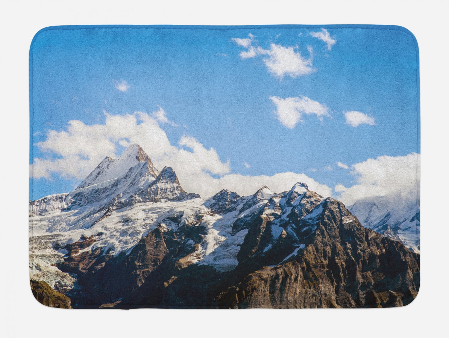 Mountain Bath Mat, Snowy Mountain Scenery in the Summertime Cloudy Sky ...