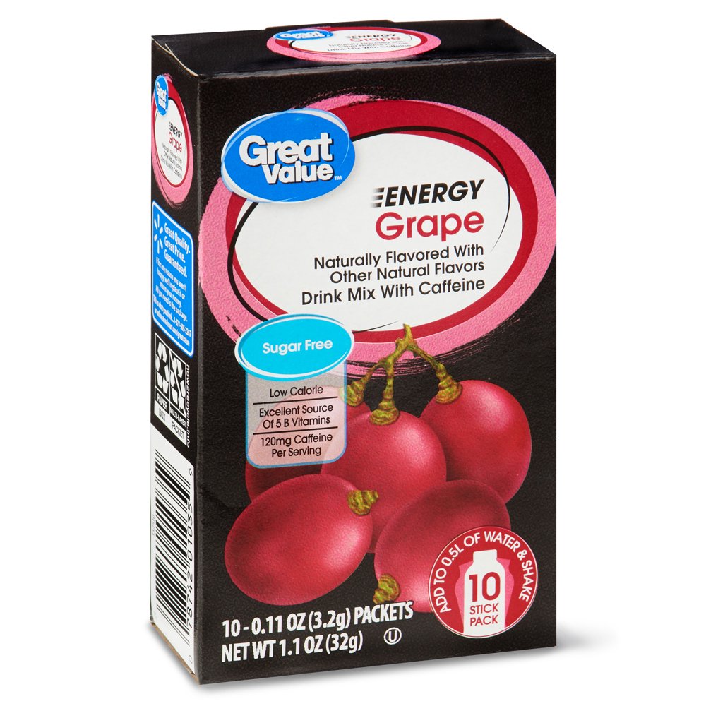 Great Value Sugar-Free Energy Drink Mix, Grape, 1.1 oz, 10 count ...
