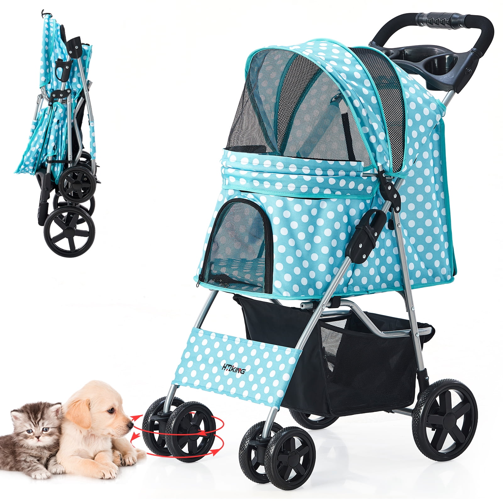 Pet Stroller 4 Wheel with Storage Basket and Cup Holder Foldable ...