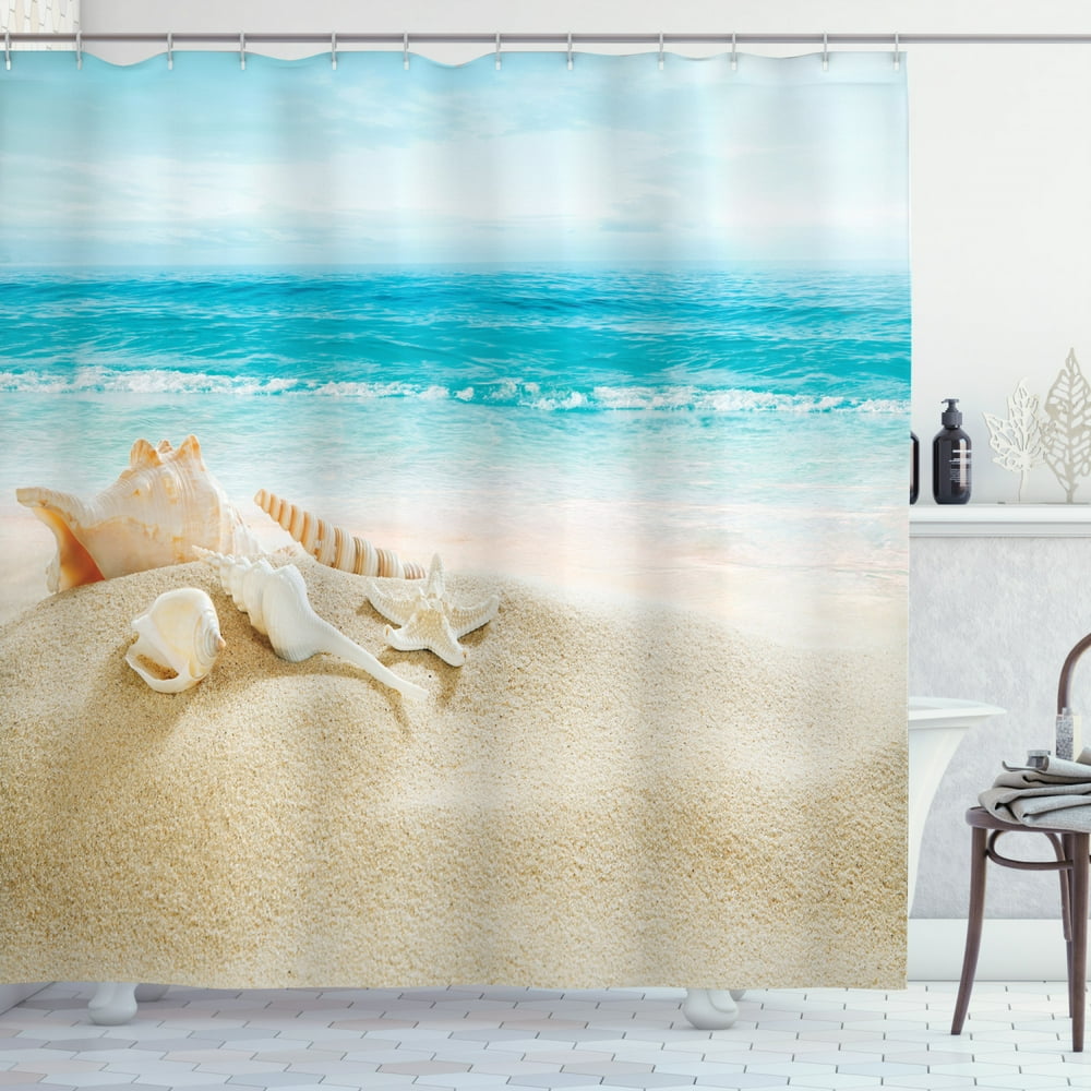 Seashells Shower Curtain Pastel Toned Beach Scene And Waves Summer