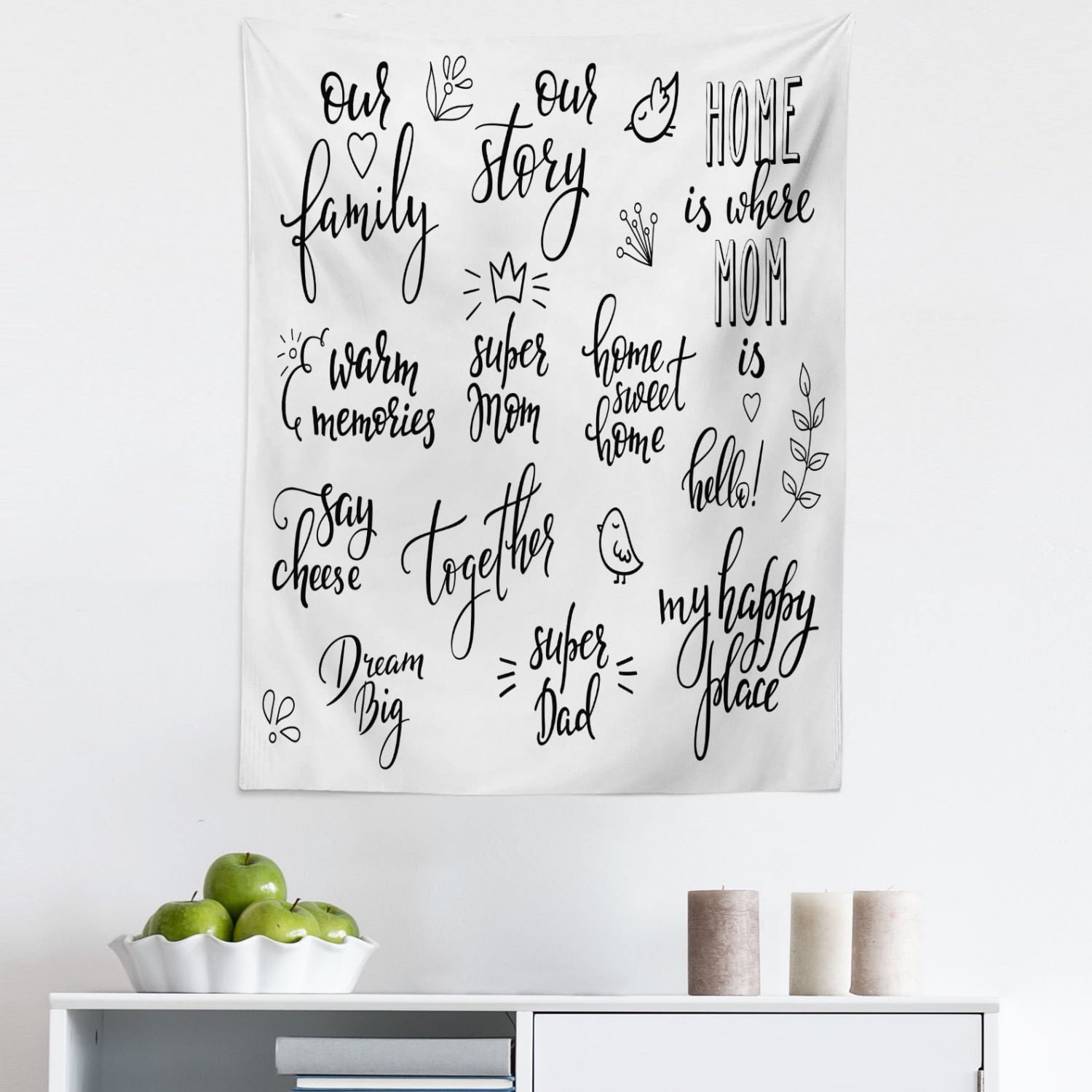 Inspirational Tapestry, Various Calligraphy Family Lettering Set Birds ...
