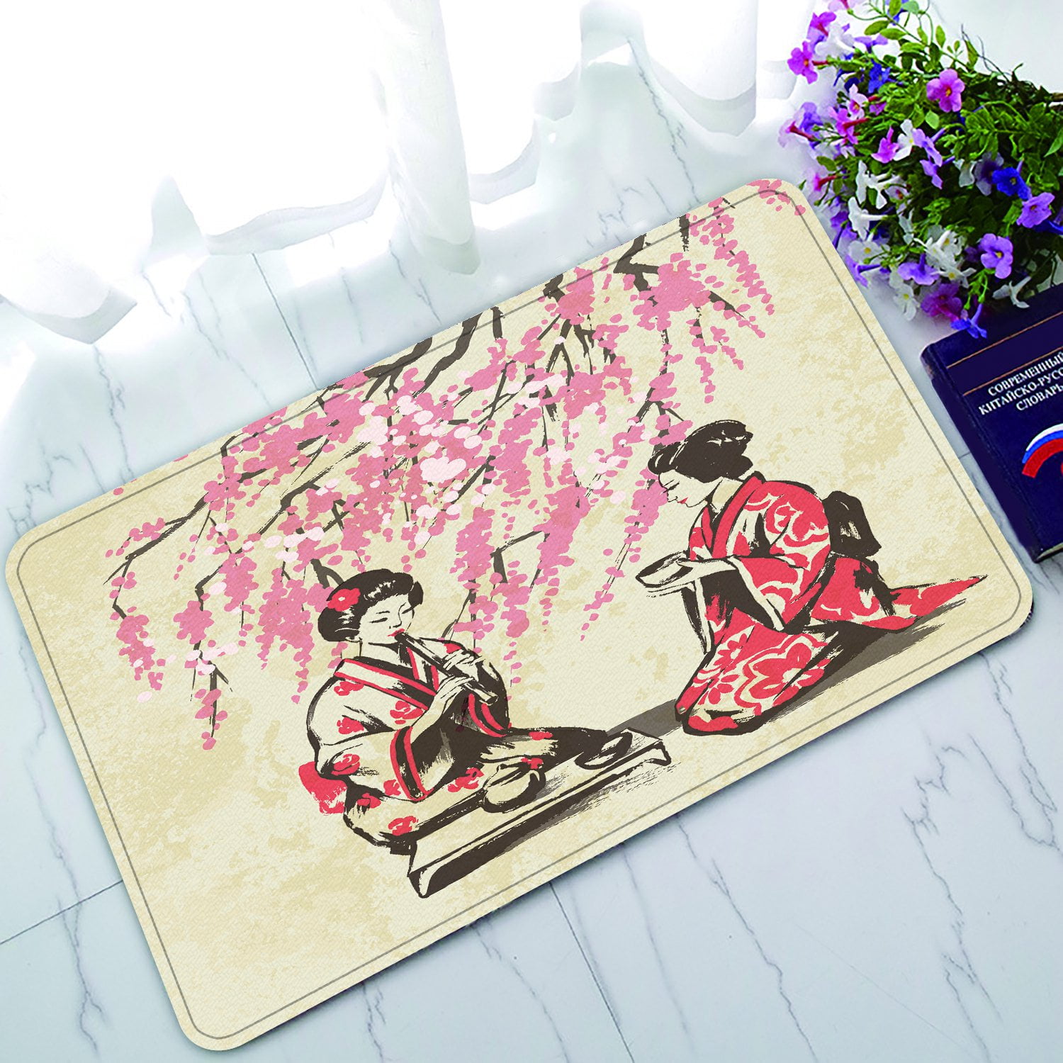 PHFZK Asian Doormat, Japanese Lady Wearing Kimono with Cherry Blossom ...