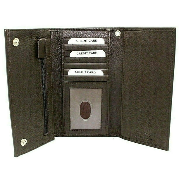 RFID Safe Leather Long Tri-fold Chain Wallet for Men Women Checkbook ...