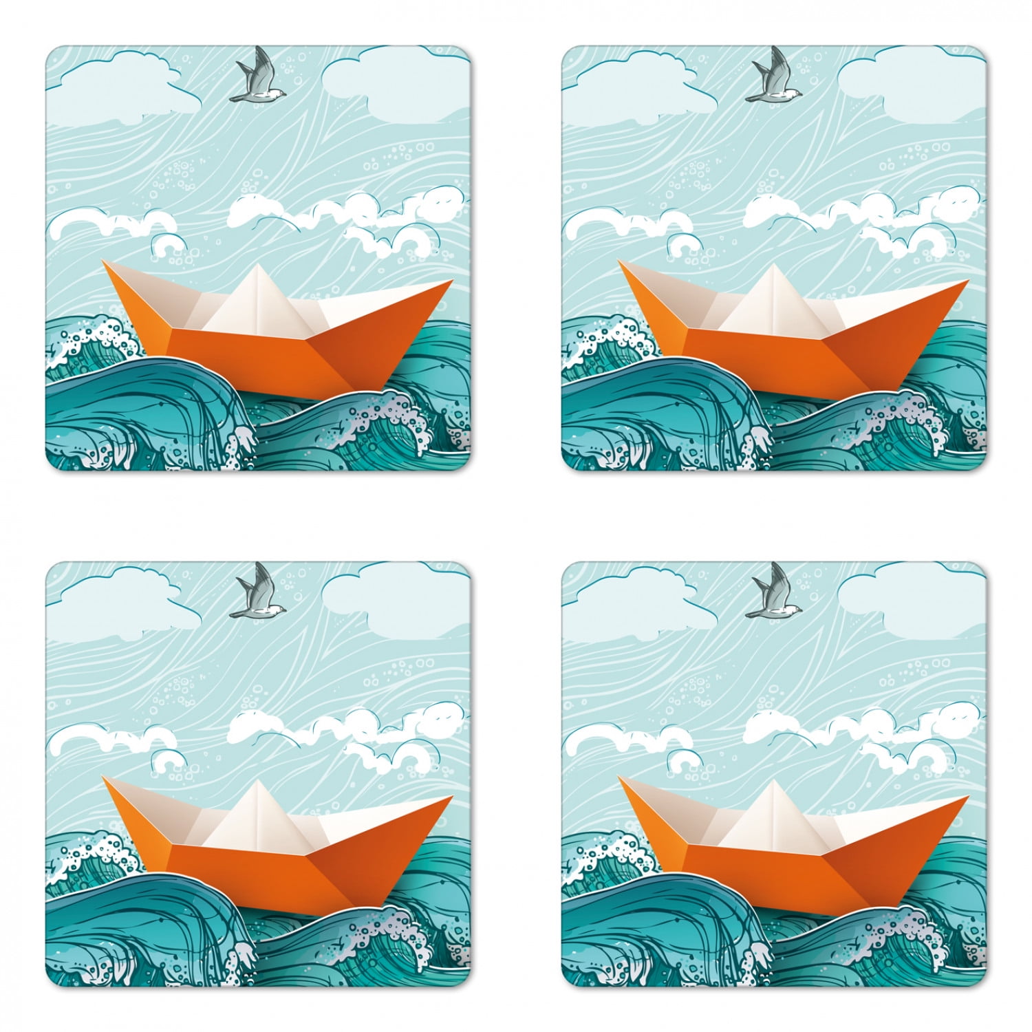 Ocean Coaster Set of 4, Navy Sealife with Waves and a Paper Sail Ship ...