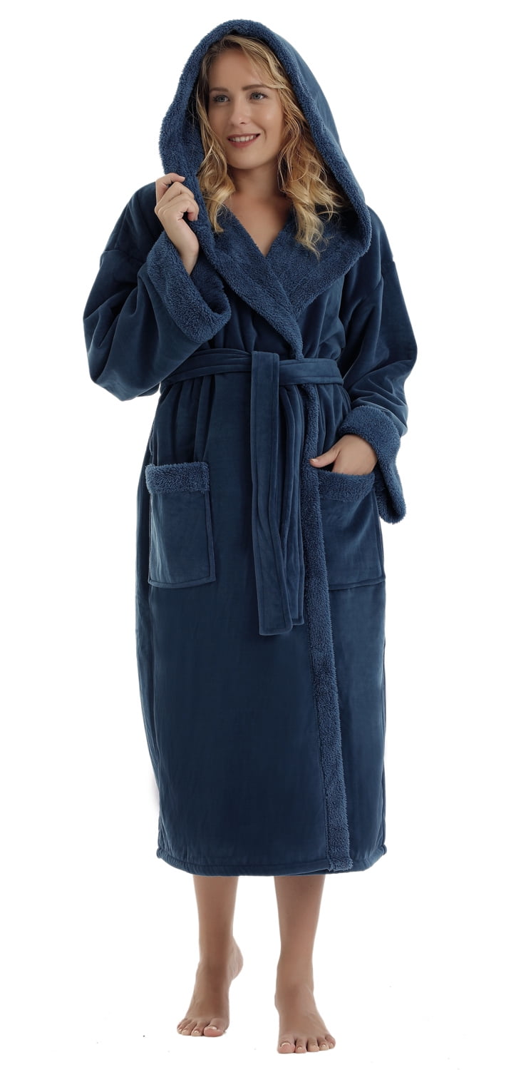 Women's Hooded Sherpa Trim Fleece Robe Bathrobe - Walmart.com Women's Hooded Sherpa Trim Fleece Robe Bathrobe - Walmart.com