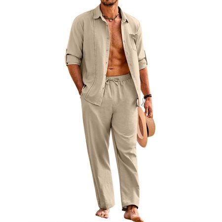 cOOFANDY Men Linen Shirt and Pant Set 2 Piece Beach Wedding Outfit Summer Vacation Beach Linen ...