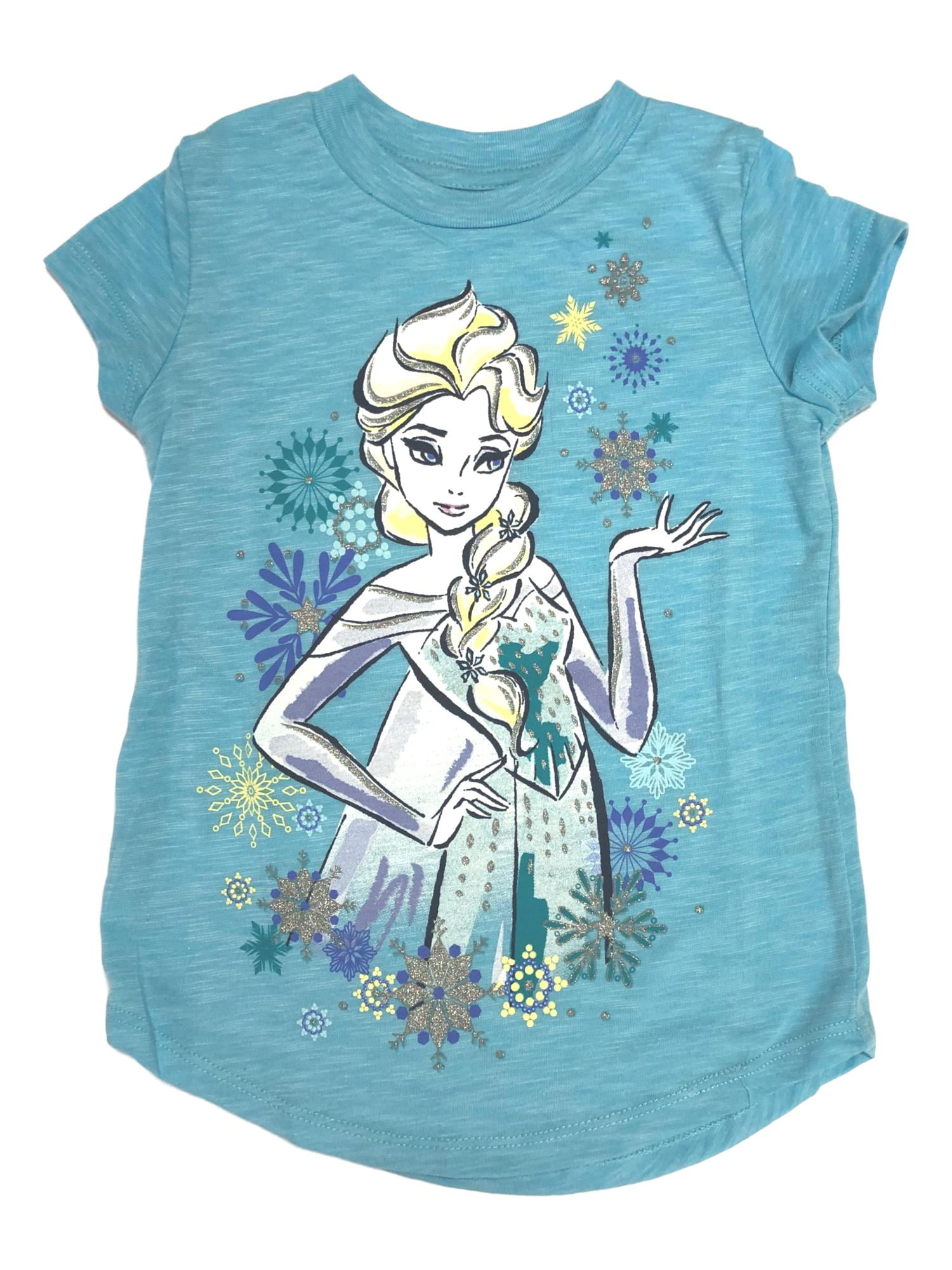 Disney Frozen Girls Blue Glitter Short Sleeve Elsa T-Shirt Shirt 4 ...
