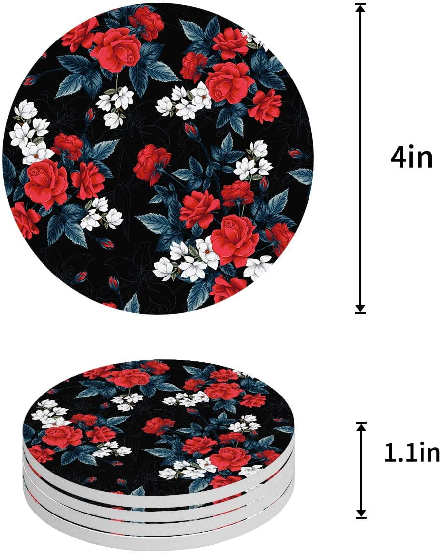 ZHANZZK Red Rose Flower Leaf Black Set of 4 Round Coaster for Drinks ...