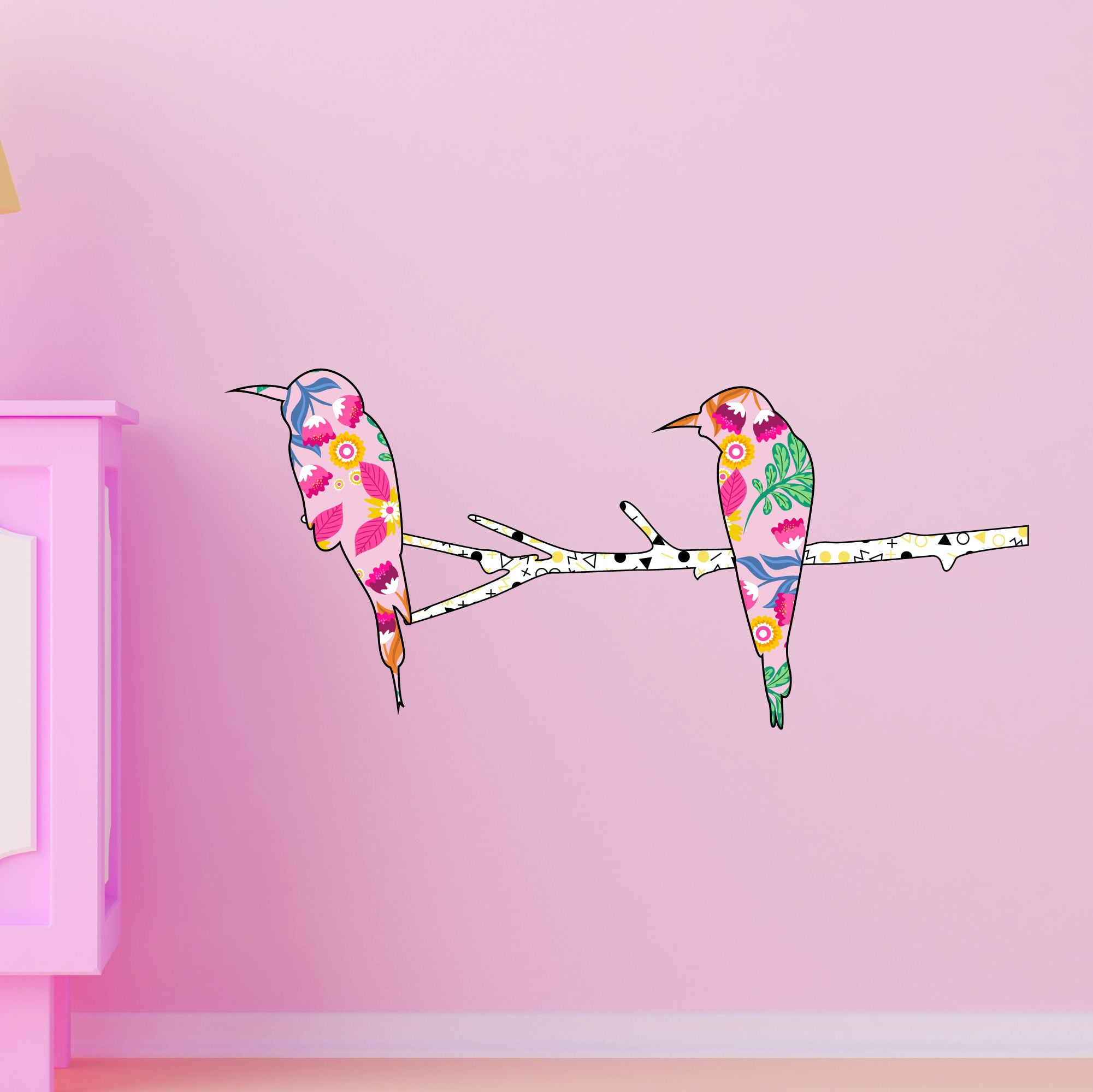 Outdoor Scenes Wall Decal Colourful Cute Birds Sitting on a Tree Branch ...