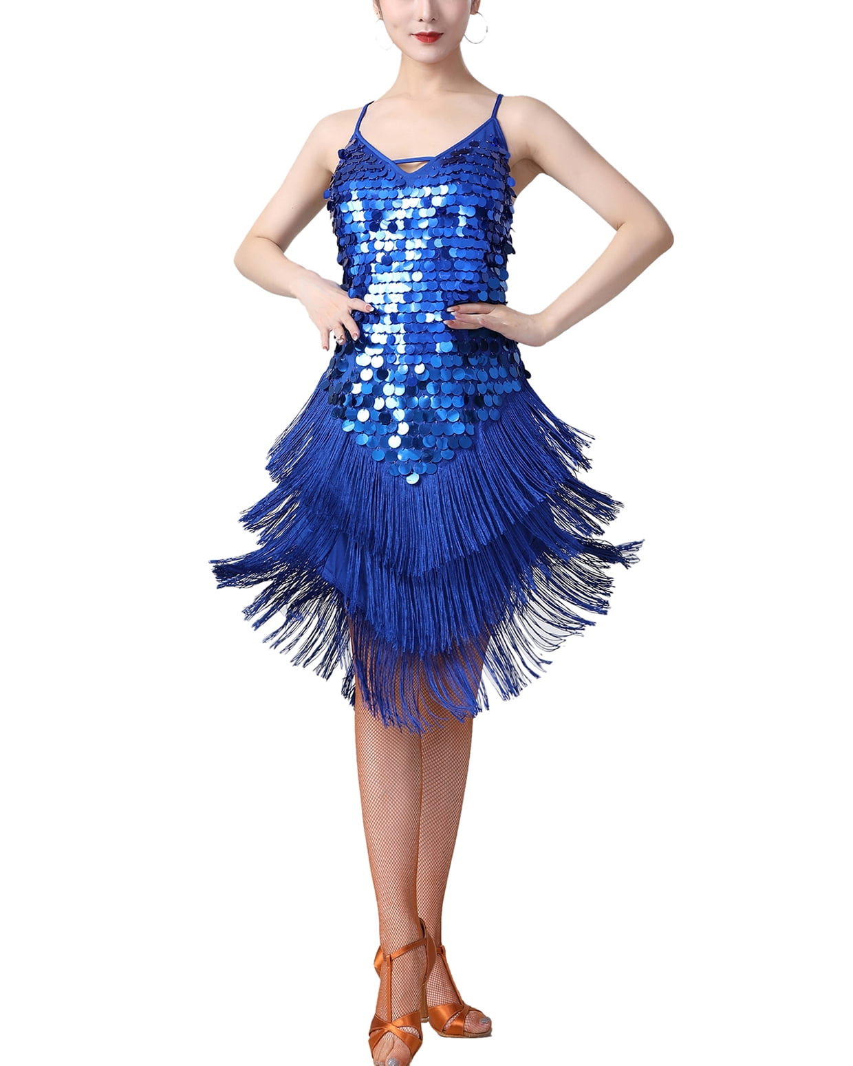 Knitted Fringe Sequin Sexy Short Salsa Latin Dress Attire for Women ...