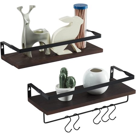 Floating Shelves with Rails, Set of 2 with 5 Hooks Rustic Wood Wall ...