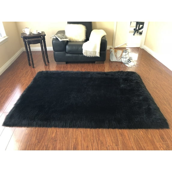 Soho Luxurious Faux Sheepskin Square Shape Black Shag Area Rug ...