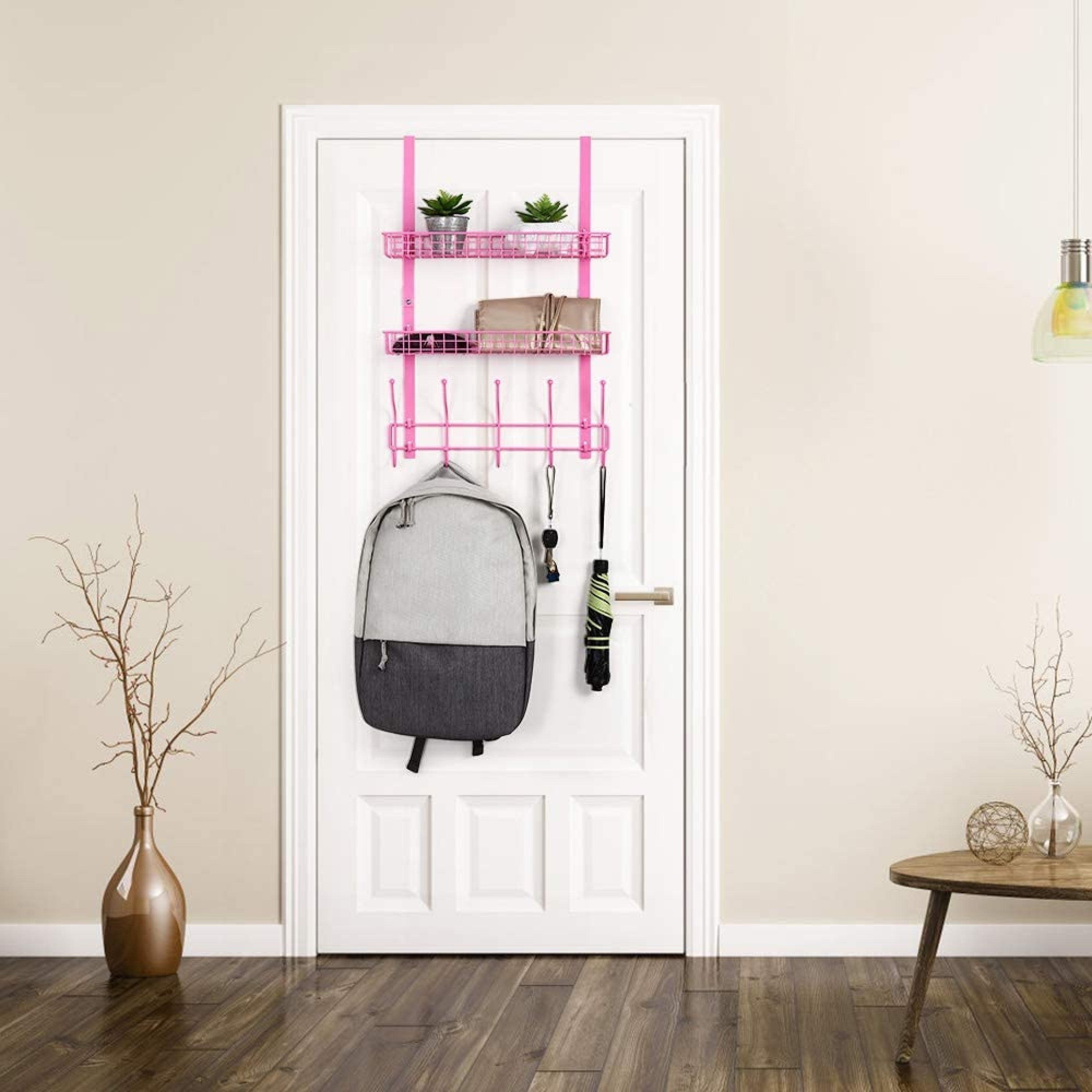 Over The Door metal Storage Rack Coat Hook Shelf Bathroom Office, Pink ...