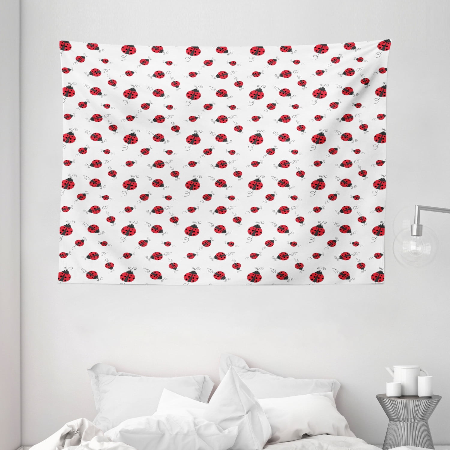 Ladybugs Tapestry, Ladybug with Dotted Wings Swirls and Curves Abstract ...