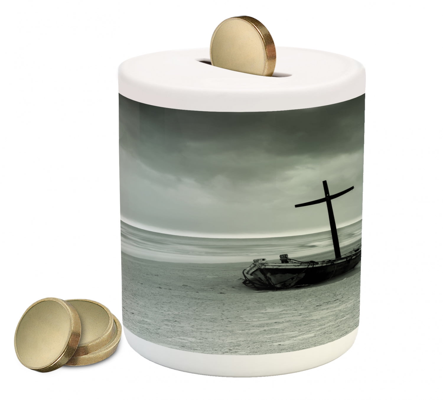 Shipwreck Piggy Bank, Wreck Small Stranded Boat on Seaside Snow Clouds ...