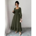 Army Green Square Neck Smocked Long Sleeve A-Line Ruffle Hem Midi Dress ...