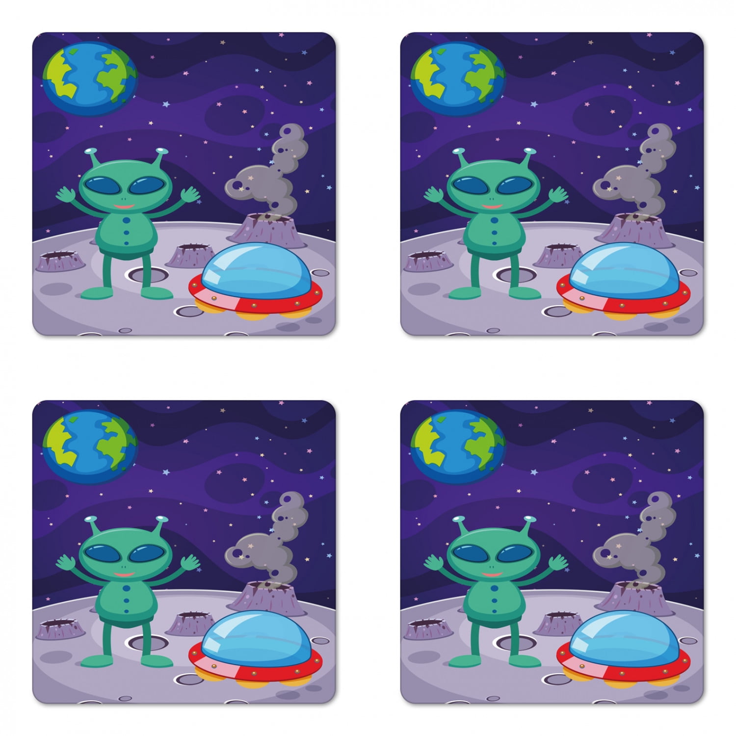 Alien Coaster Set of 4, Cartoon Interpretation of a Mysterious Vertical ...