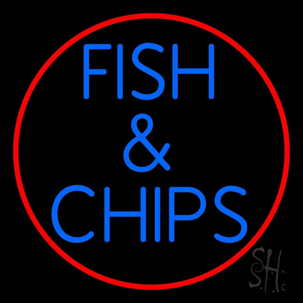 Round Fish and Chips LED Neon Sign 24 x 24 - inches, Black Square Cut ...