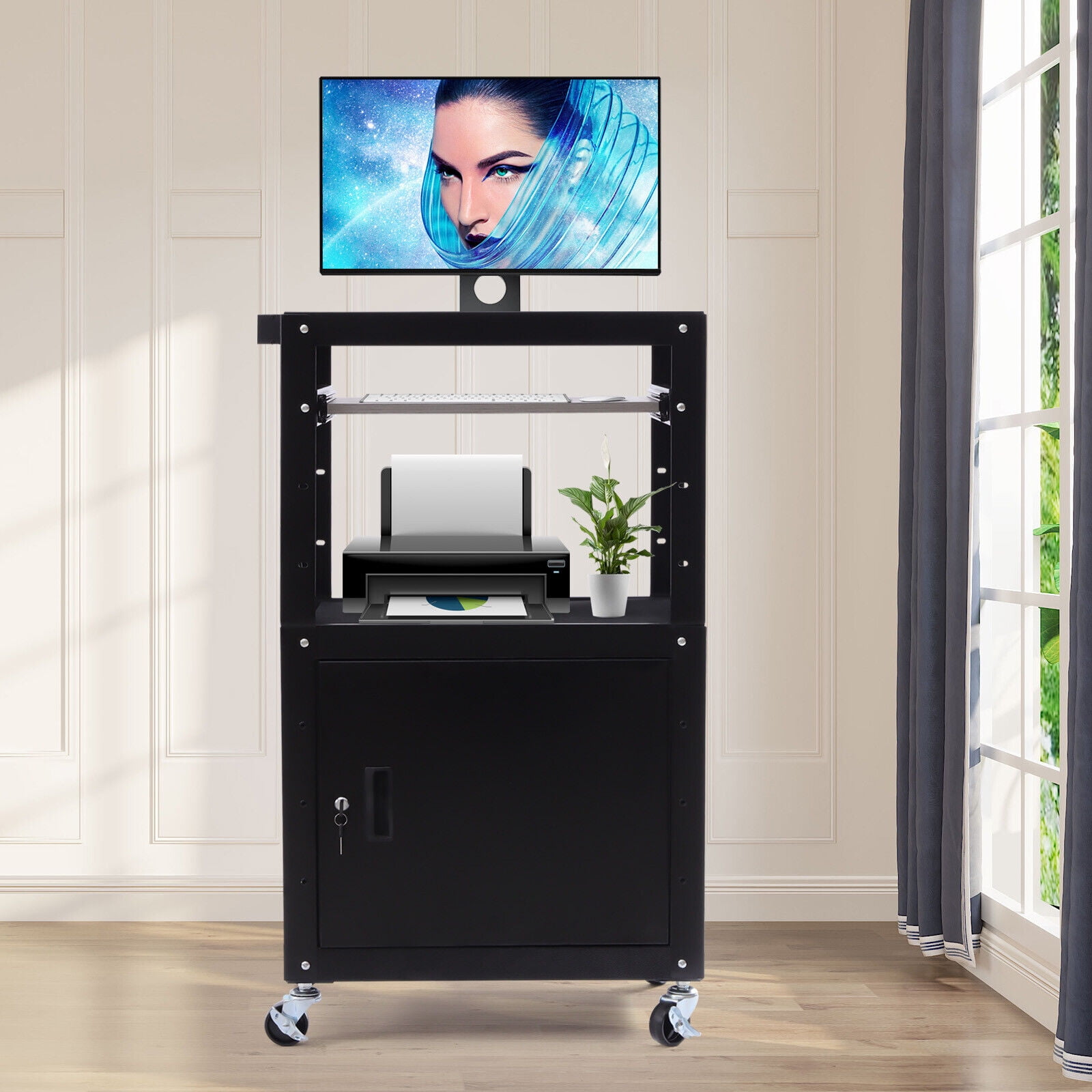 AV Cart Height Adjustable Media Cart with Wheels Keyboard Tray Cabinet ...