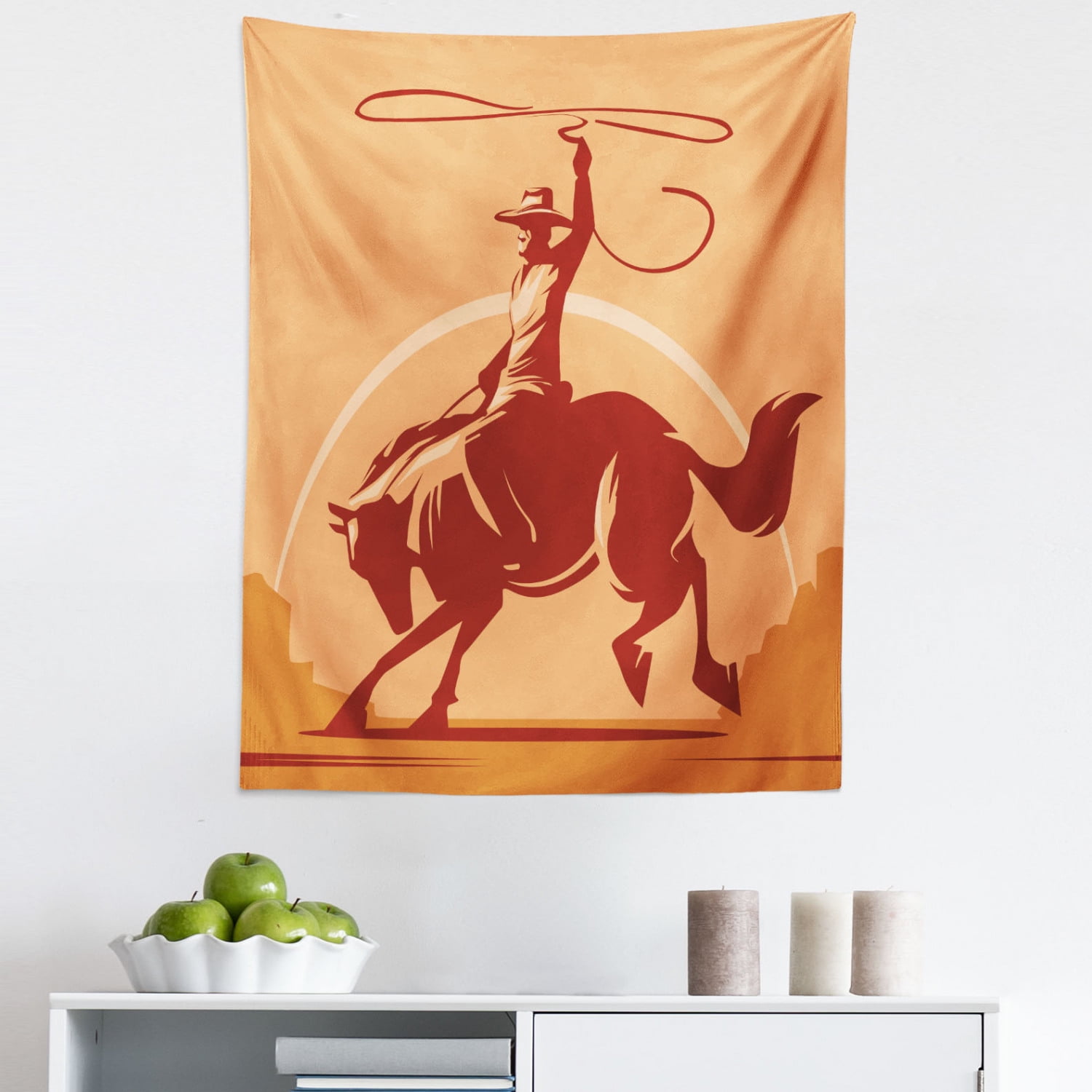 Rodeo Tapestry, Cowboy Tie-Down Roping over a Bull in an Arena Country ...